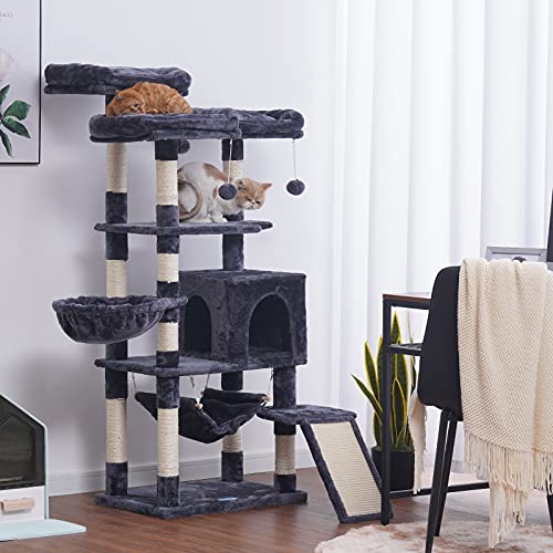 Hey-brother Multi-Level Cat Tree, Large Cat Tower with Bigger Hammock, 3 Cozy Perches, Scratching Posts, Stable for Kitten/Gig Cat Smoky Gray MPJ0026G