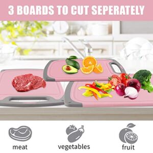 Cutting Boards for Kitchen, Plastic Chopping Board Set of 4 with Non-Slip Feet and Deep Drip Juice Groove, Easy Grip Handle, Dishwasher Safe, BPA Free, Non-porous(Pink/Gray)