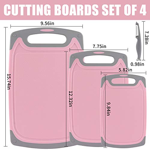 Cutting Boards for Kitchen, Plastic Chopping Board Set of 4 with Non-Slip Feet and Deep Drip Juice Groove, Easy Grip Handle, Dishwasher Safe, BPA Free, Non-porous(Pink/Gray)