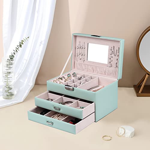 Jewelry Box with 3 Layers PU Leather Lockable Jewelry Storage Organizer with Velvet Lining Portable Leather Jewelry Box for Storing Watch, Earring, Ring, Chain, Bracelet