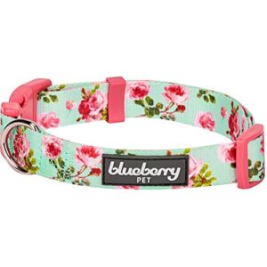 blueberry pet 7 patterns spring scent inspired floral rose print turquoise adjustable dog collar, x-small, neck 8"-11"