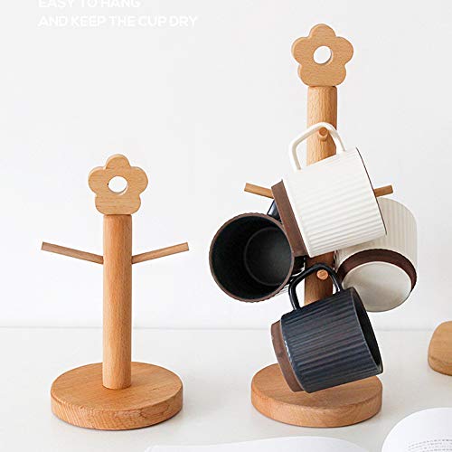 Panow Soild Wood Countertop Mug Tree, Drying Storage Rack Holder, Cups Stand with 6 Hooks, Coffee Counter Bar Accessory, Kitchen Organizer