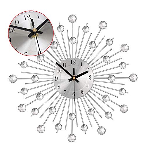 SOOTOP Crystal Wall Clock, Silver Mirror Diamond-Studded Metal Clock Decorative Wall Decor Clock Housewarming Gift for Decoration Bedroom Living Room