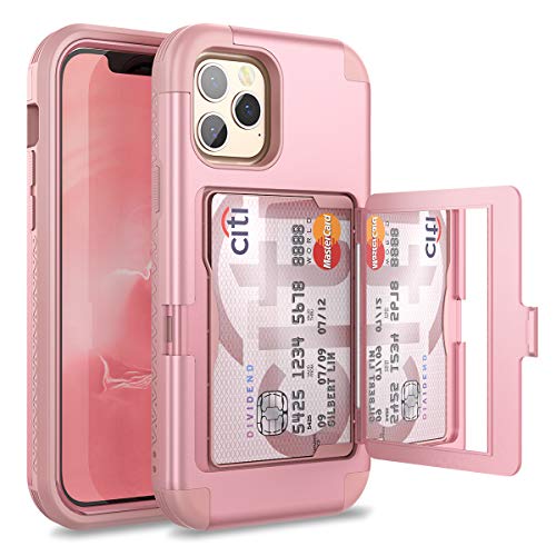 WeLoveCase for iPhone 12/ for iPhone 12 Pro Wallet Case with Credit Card Holder & Hidden Mirror, Defender Three Layer Shockproof Heavy Duty Cover for iPhone 12/ for 12 Pro 2020, 6.1 inch Rose Gold