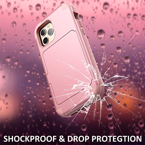 WeLoveCase for iPhone 12/ for iPhone 12 Pro Wallet Case with Credit Card Holder & Hidden Mirror, Defender Three Layer Shockproof Heavy Duty Cover for iPhone 12/ for 12 Pro 2020, 6.1 inch Rose Gold