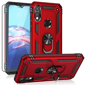 yzok compatible with moto e 2020 case,motorola e case,with hd screen protector,[military grade] ring car mount kickstand hybrid hard pc soft tpu shockproof protective case for motorola moto e (red)