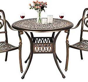 Grepatio 3 Piece All Weather Cast Aluminum Dining Set - 2 Elizabeth Chairs and 35.4" Bistro Table with Umbrella Hole -Outdoor Furniture Dining Set for Patio