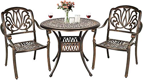 Grepatio 3 Piece All Weather Cast Aluminum Dining Set - 2 Elizabeth Chairs and 35.4" Bistro Table with Umbrella Hole -Outdoor Furniture Dining Set for Patio