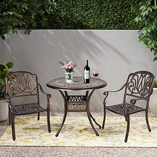 Grepatio 3 Piece All Weather Cast Aluminum Dining Set - 2 Elizabeth Chairs and 35.4" Bistro Table with Umbrella Hole -Outdoor Furniture Dining Set for Patio