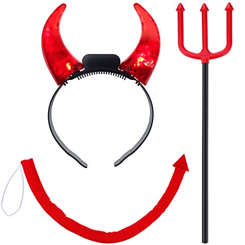 Halloween Devil Costume Red Light up LED Devil Headband Halloween Devil Costume Set Devil Tail Devil Fork