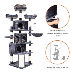 Hey-brother XL Size Cat Tree, 73.4 inch Cat Tower with 3 Caves, 3 Cozy Perches, Scratching Posts, Board, Activity Center Stable for Kitten/Gig Cat