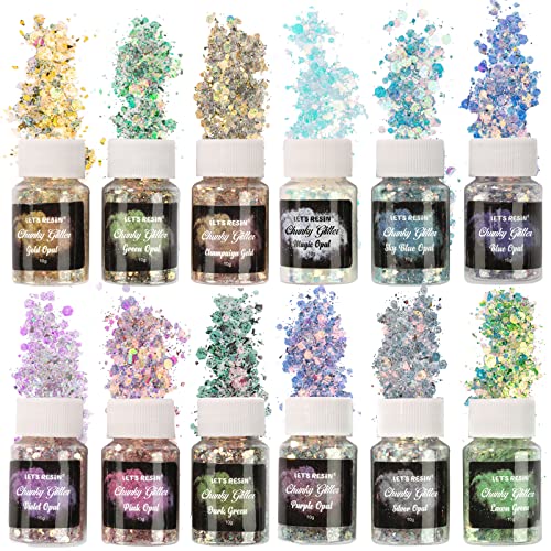 LET'S RESIN Opal Chunky Glitter for Resin, 12 * 10g Craft Glitter Powder for Tumblers/Slime, Iridescent Glitter Chameleon Glitter Sequins Festival Decor(Each 0.35oz)