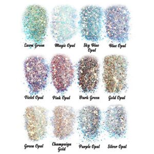 LET'S RESIN Opal Chunky Glitter for Resin, 12 * 10g Craft Glitter Powder for Tumblers/Slime, Iridescent Glitter Chameleon Glitter Sequins Festival Decor(Each 0.35oz)