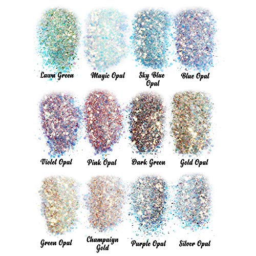 LET'S RESIN Opal Chunky Glitter for Resin, 12 * 10g Craft Glitter Powder for Tumblers/Slime, Iridescent Glitter Chameleon Glitter Sequins Festival Decor(Each 0.35oz)