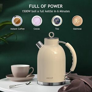 ASCOT Electric Kettle, Stainless Steel Electric Tea Kettle Gifts for Men/Women/Family 1.6L 1500W Retro Tea Heater & Hot Water Boiler, Auto Shut-Off and Boil-Dry Protection (Cream)