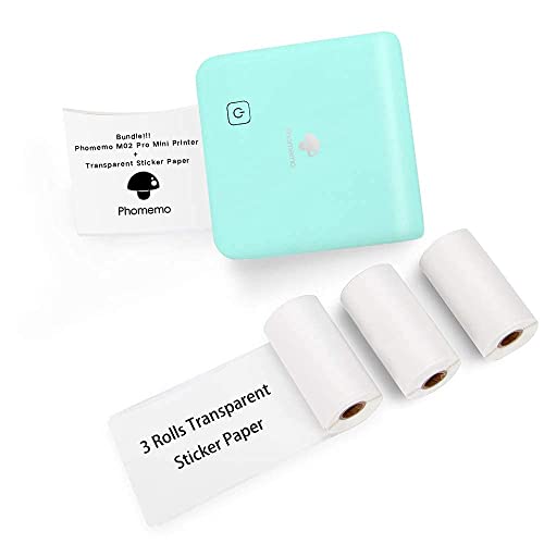 Phomemo M02 Pro Mini Bluetooth Printer- Pocket Photo Printer with 3 Rolls Transparent Sticker Paper, Compatible with iOS + Android for Plan Journal, Study Notes, Art Creation, Work, Gift, Cyan