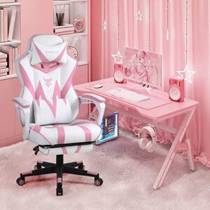 Pink Gaming Chair, Gaming Computer Chair for Girls, Reclining Gamer Chair with Footrest, Ergonomic PC Gaming Chair with Massage, Gaming Desk Chair for Women, High Back Gaming Chairs for Adults (Pink)