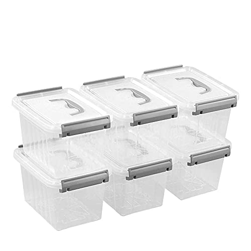 Waikhomes Set of 6 Plastic Storage Containers, Small Latching Storage Box with Handle (3 L)