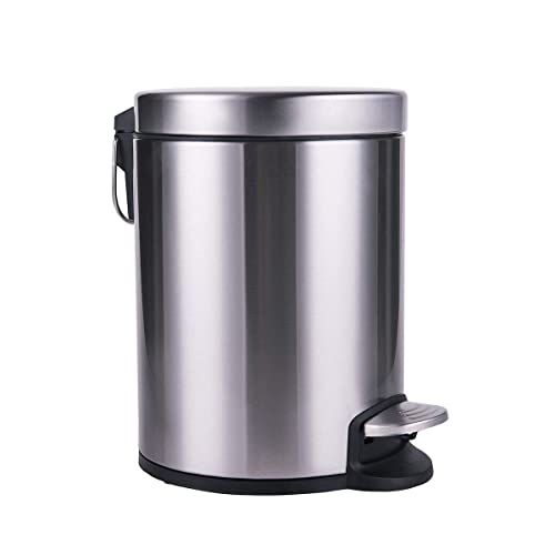 Round Small Trash Can with Lid Soft Close and Removable Inner Wastebasket, Anti-Fingerprint Brushed Stainless Steel Garbage Can for Bathroom Bedroom Office, 1.3Gal/5L