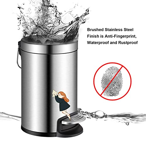 Round Small Trash Can with Lid Soft Close and Removable Inner Wastebasket, Anti-Fingerprint Brushed Stainless Steel Garbage Can for Bathroom Bedroom Office, 1.3Gal/5L