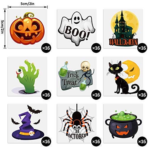 144 Pieces Halloween Temporary Kid Adult Halloween Themed Waterproof Temporary Stickers Party Decoration Supplies for Halloween Party Favor, Treats, Decor, Goodie Bag, 9 Styles