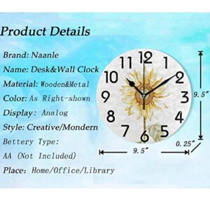 Naanle Beautiful Sunflowers Painting Art Round Wall Clock, 9.5 Inch Battery Operated Quartz Analog Quiet Desk Clock for Home,Kitchen,Office,School