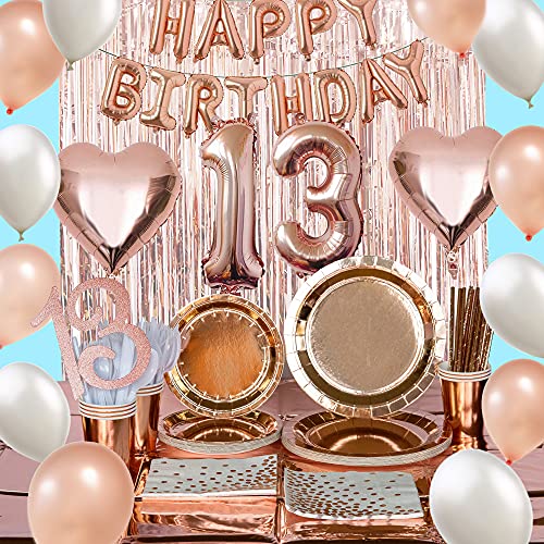 13th Birthday Decorations for Girls, 160 Pc. Party Set Serves 16 Guests, Rose Gold Banner, Latex and Foil Balloons, Paper Plates, Cups, and Napkins, Tablecloth and Curtain, and More