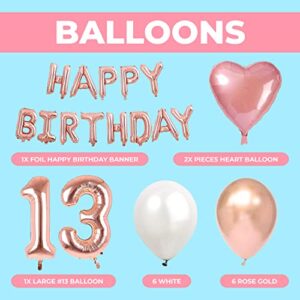 13th Birthday Decorations for Girls, 160 Pc. Party Set Serves 16 Guests, Rose Gold Banner, Latex and Foil Balloons, Paper Plates, Cups, and Napkins, Tablecloth and Curtain, and More