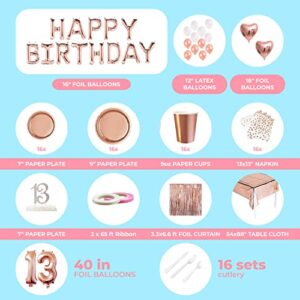 13th Birthday Decorations for Girls, 160 Pc. Party Set Serves 16 Guests, Rose Gold Banner, Latex and Foil Balloons, Paper Plates, Cups, and Napkins, Tablecloth and Curtain, and More