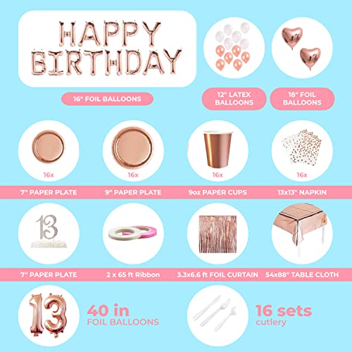 13th Birthday Decorations for Girls, 160 Pc. Party Set Serves 16 Guests, Rose Gold Banner, Latex and Foil Balloons, Paper Plates, Cups, and Napkins, Tablecloth and Curtain, and More