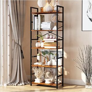 cosystar 5-tier tall bookcase, rustic wood and metal standing bookshelf, industrial vintage book shelf unit, open back modern office bookcases