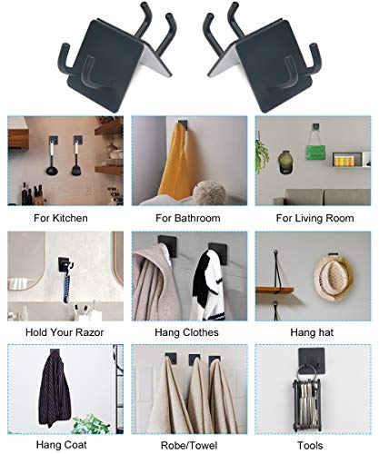 Yikla Adhesive Hooks, Bathroom Wall Towel Hooks, Black Stick Shower Razor Holder, Stainless Steel Door Hangers for Coat Loofah Robes Self Adhesive Organizer for Kitchen