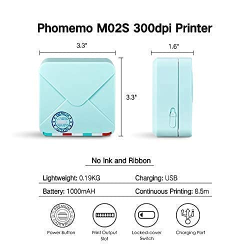 Phomemo M02S Pocket Thermal Printer- Bluetooth Photo Printer with 3 Rolls Colorful Sticker Paper, Compatible with iOS + Android for Plan Journal, Study Notes, Art Creation, Work, Gift