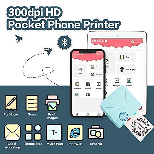 Phomemo M02S Pocket Thermal Printer- Bluetooth Photo Printer with 3 Rolls Colorful Sticker Paper, Compatible with iOS + Android for Plan Journal, Study Notes, Art Creation, Work, Gift