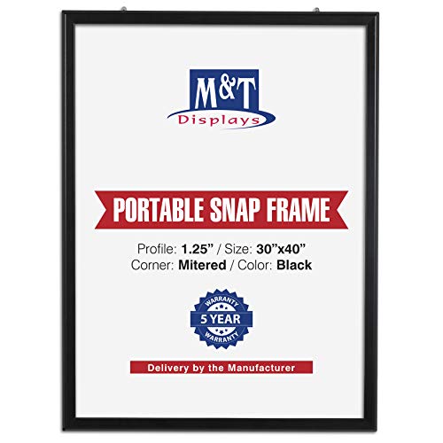 M&T Displays Portable Snap Poster Frame 30x40 Inch Black 1.25" Aluminum Profile Front Loading Wall Mounting Photo Picture Document Certificate Sign Holder Mitered Corner Anti Glare Cover