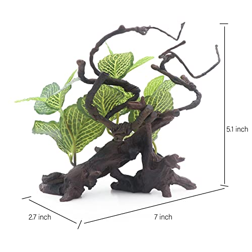 AQUA KT Reptile Terrarium Forest Tree with Plant Leaves for Amphibian Habitat Décor Lizard Snake Turtle Supplies