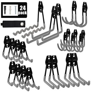 aoben garage hooks,24pcs heavy duty garage hanger organizer anti-slip double wall garage storage hooks for ladder, power tool,bike,ropes (23 hooks & 1 hoder strap)-gery