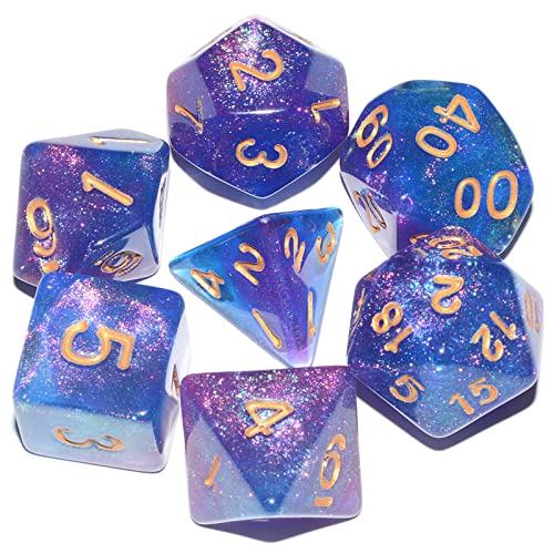 Galaxy DND Dice 7Pieces, Glitter Sparkle Cosmic Purple Blue Mixed Polyhedral DND Dice for RPG MTG Table Game Dice