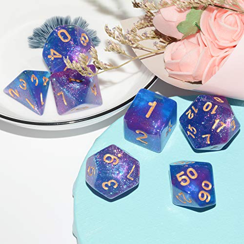 Galaxy DND Dice 7Pieces, Glitter Sparkle Cosmic Purple Blue Mixed Polyhedral DND Dice for RPG MTG Table Game Dice