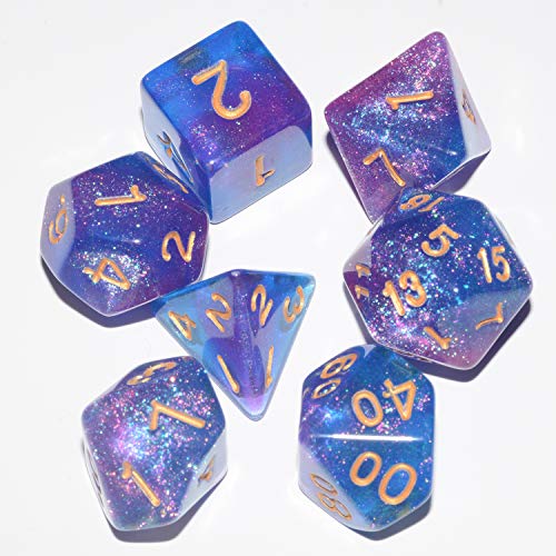 Galaxy DND Dice 7Pieces, Glitter Sparkle Cosmic Purple Blue Mixed Polyhedral DND Dice for RPG MTG Table Game Dice