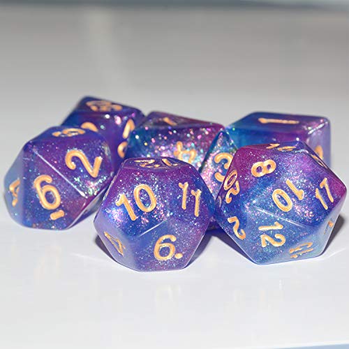 Galaxy DND Dice 7Pieces, Glitter Sparkle Cosmic Purple Blue Mixed Polyhedral DND Dice for RPG MTG Table Game Dice