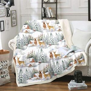 elk printed sherpa blanket wild animal pattern fleece throw blanket for sofa couch christmas theme plush blanket winter nature tree deer room decor throw 50"x60"