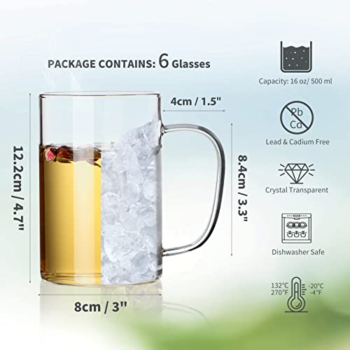 HORLIMER 16 oz Glass Coffee Mugs Set of 6, Clear Coffee Cup with Handle for Tea Cappuccino Latte Milk Juice Hot Beverages