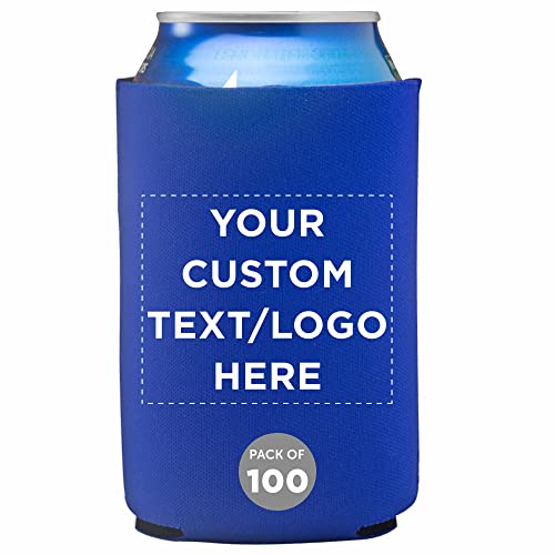 Custom Neoprene Collapsible Can Coolers 12 oz. Set of 100, Personalized Bulk Pack - Great for Beer, Soda, Other Beverages - Royal Blue