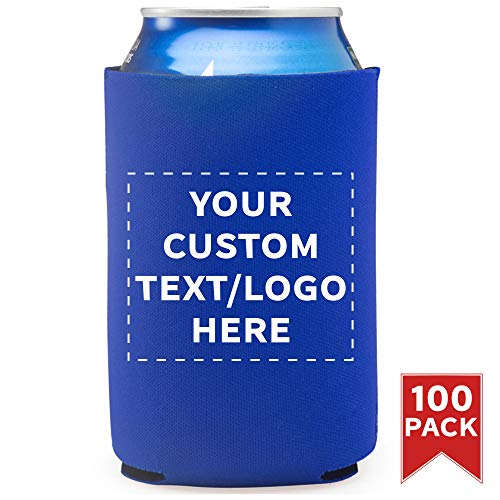 Custom Neoprene Collapsible Can Coolers 12 oz. Set of 100, Personalized Bulk Pack - Great for Beer, Soda, Other Beverages - Royal Blue