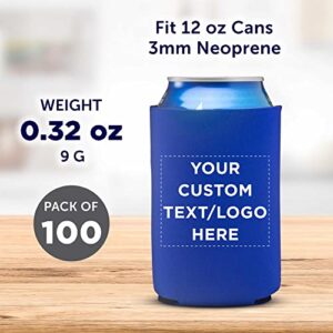 Custom Neoprene Collapsible Can Coolers 12 oz. Set of 100, Personalized Bulk Pack - Great for Beer, Soda, Other Beverages - Royal Blue