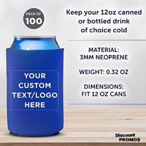 Custom Neoprene Collapsible Can Coolers 12 oz. Set of 100, Personalized Bulk Pack - Great for Beer, Soda, Other Beverages - Royal Blue