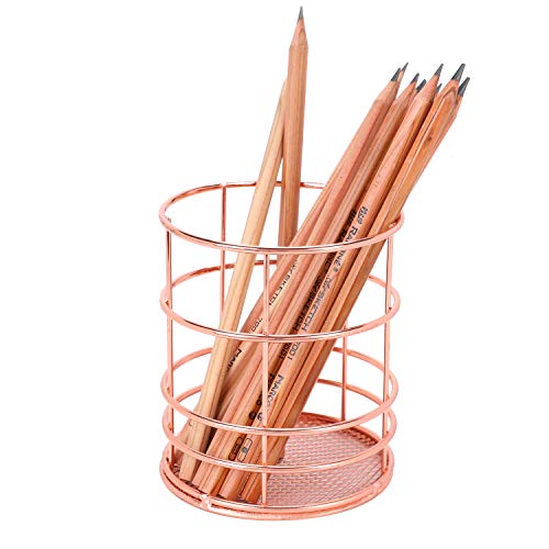 Rose Gold Pencil Holder Wire Metal Desktop Pen Cup Pot Decorative Round Marker Pens Container Basket Multi-Functional Desk Stationery Storage Box Home Office School Supplies