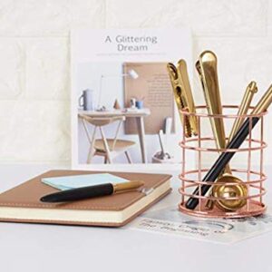 Rose Gold Pencil Holder Wire Metal Desktop Pen Cup Pot Decorative Round Marker Pens Container Basket Multi-Functional Desk Stationery Storage Box Home Office School Supplies