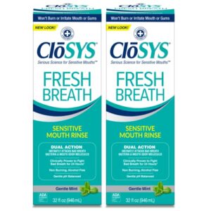 closys sensitive mouthwash, 32 ounce, 2 count, gentle mint, alcohol free, dye free, ph balanced, helps soothe mouth sensitivity, fights bad breath